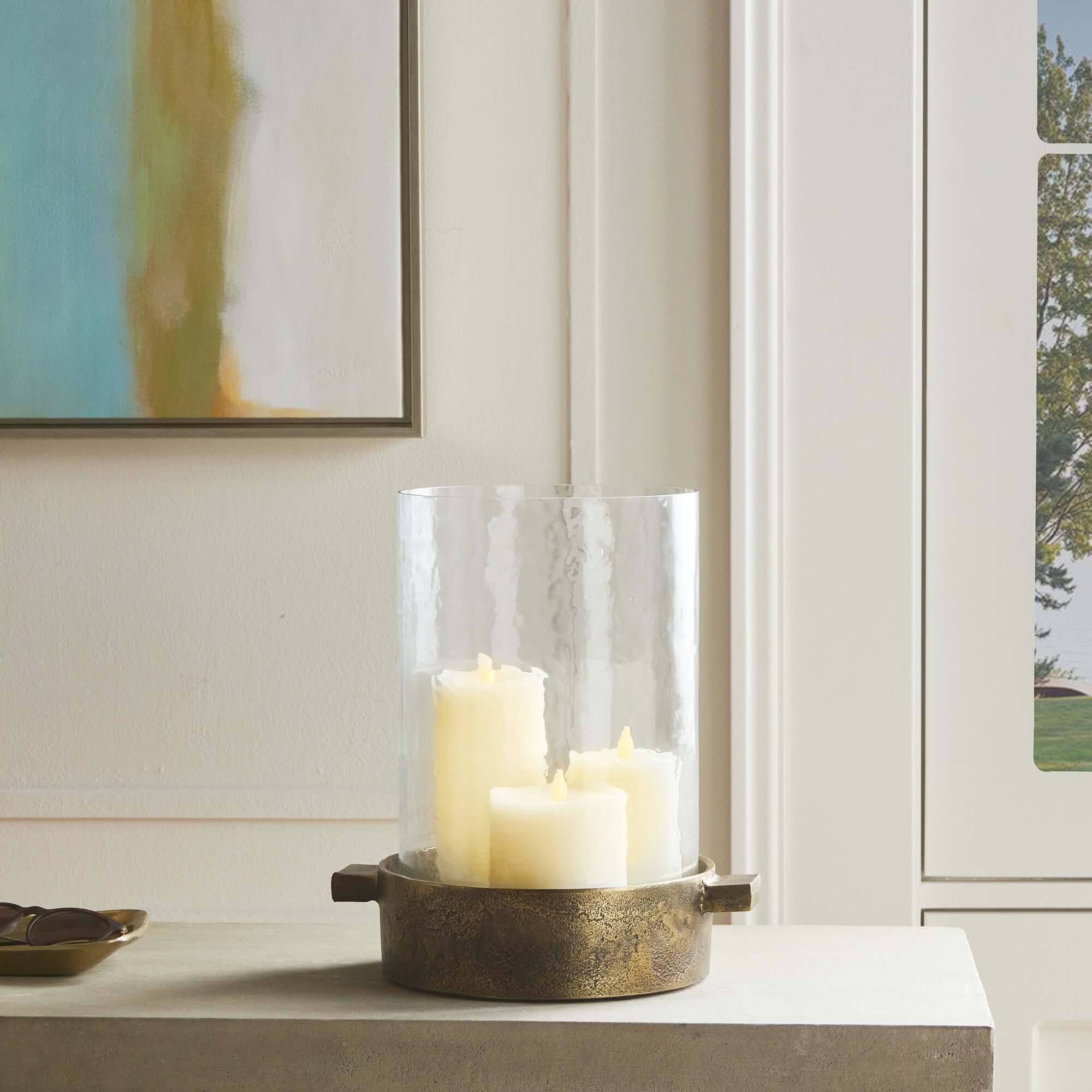 Antique Brass Hurricane Candle Holder with Hammered Glass – Vintage Shopper