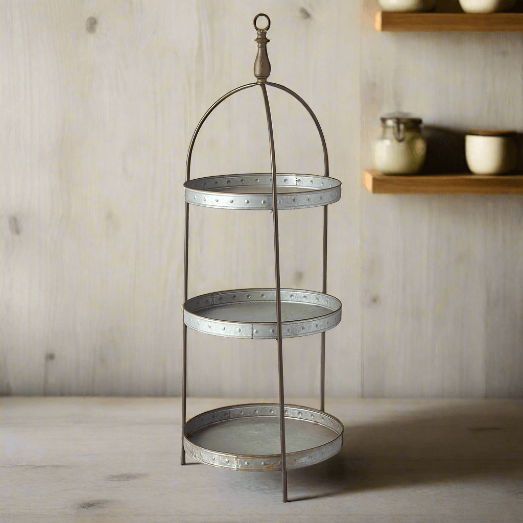 Round Rustic Three-Tier Galvanized Metal Display Stand – Vintage Shopper