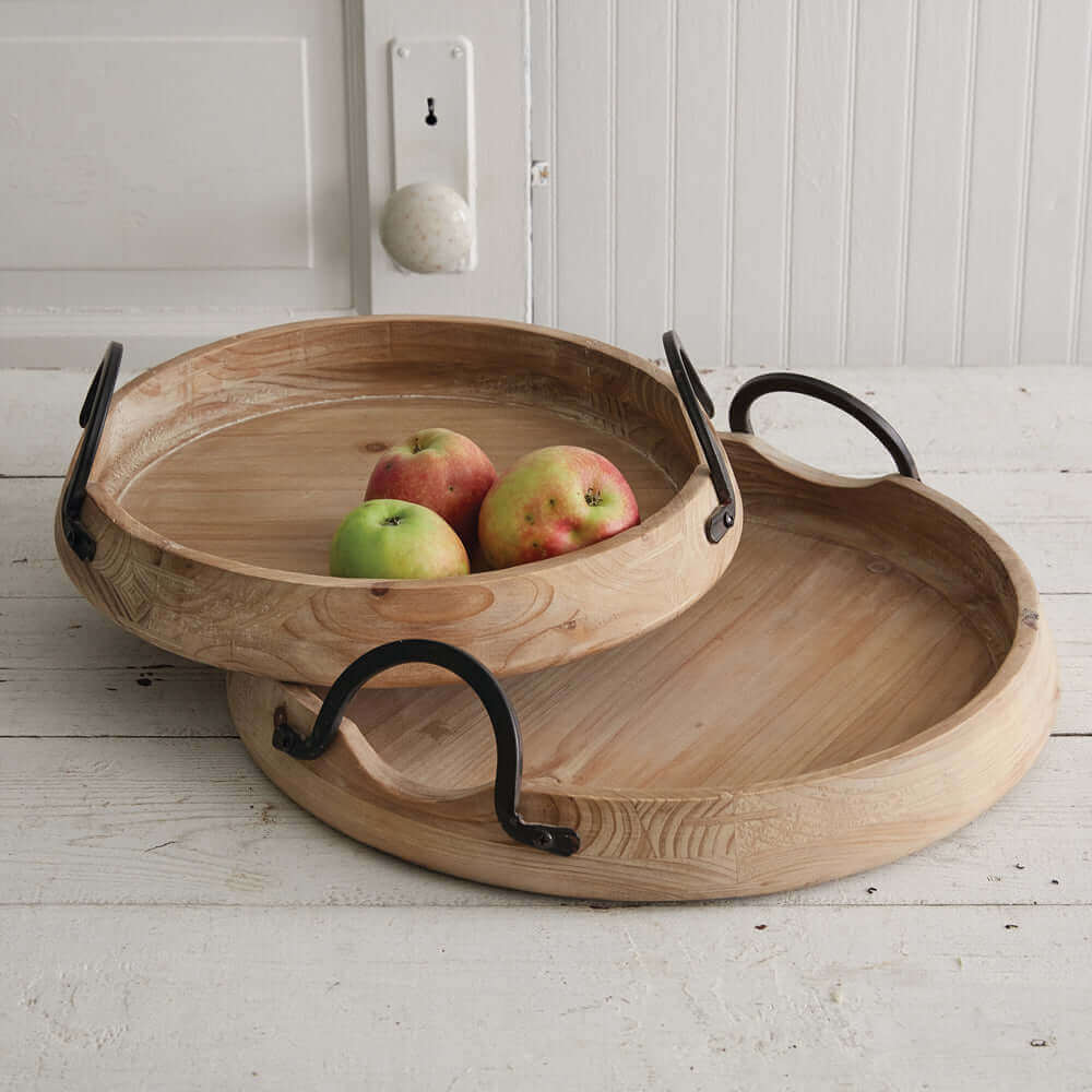 Industrial Round Wood Serving Trays with Handles (Set of 2) – Vintage ...