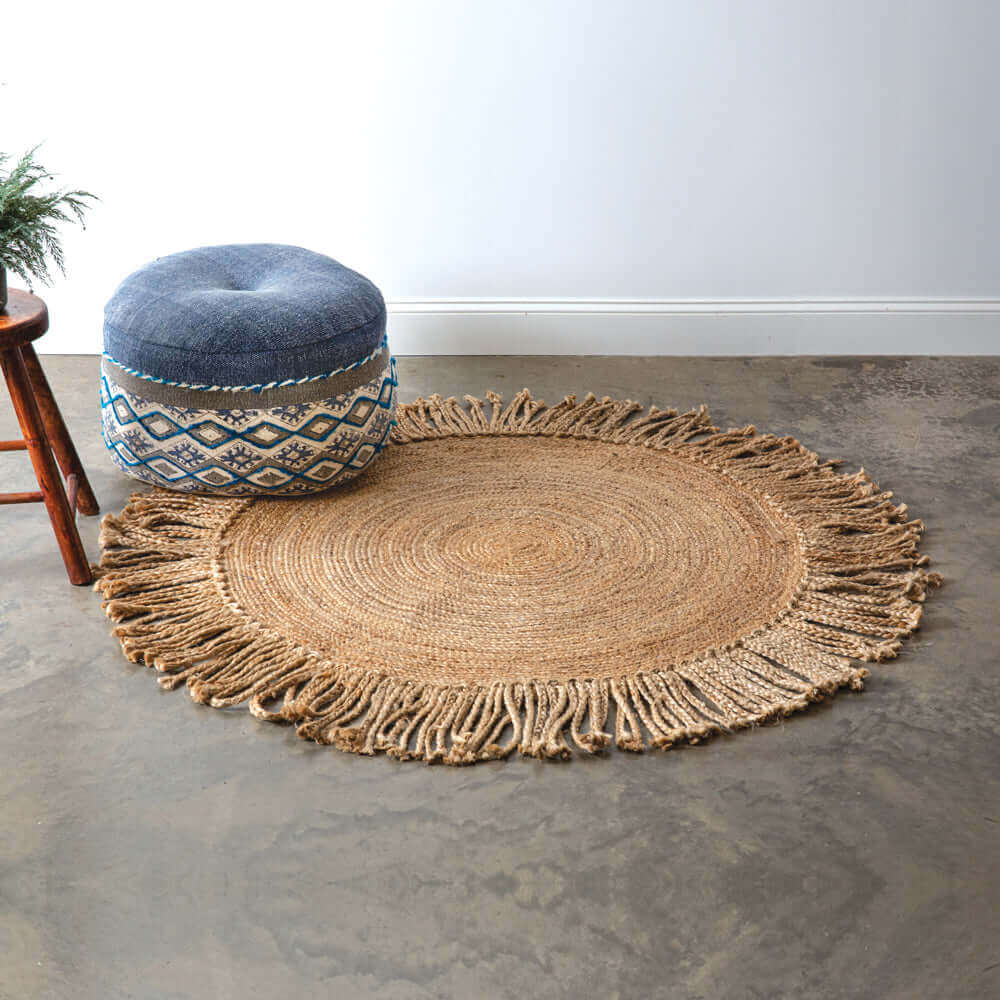 Round Handwoven Jute Rug with Braided Tassels – Vintage Shopper