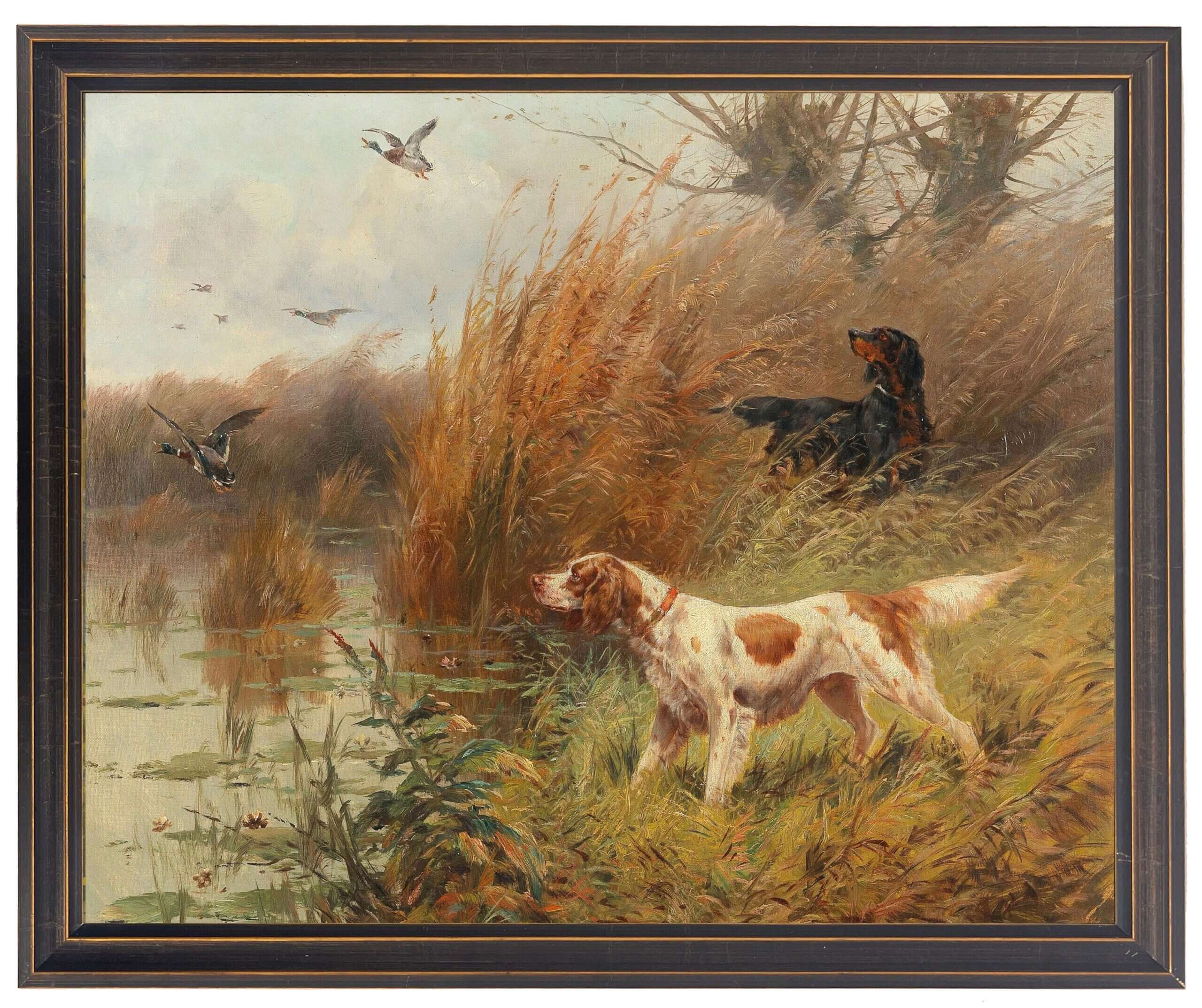 Vintage Oil Painting of English Setters and Ducks – Vintage Shopper
